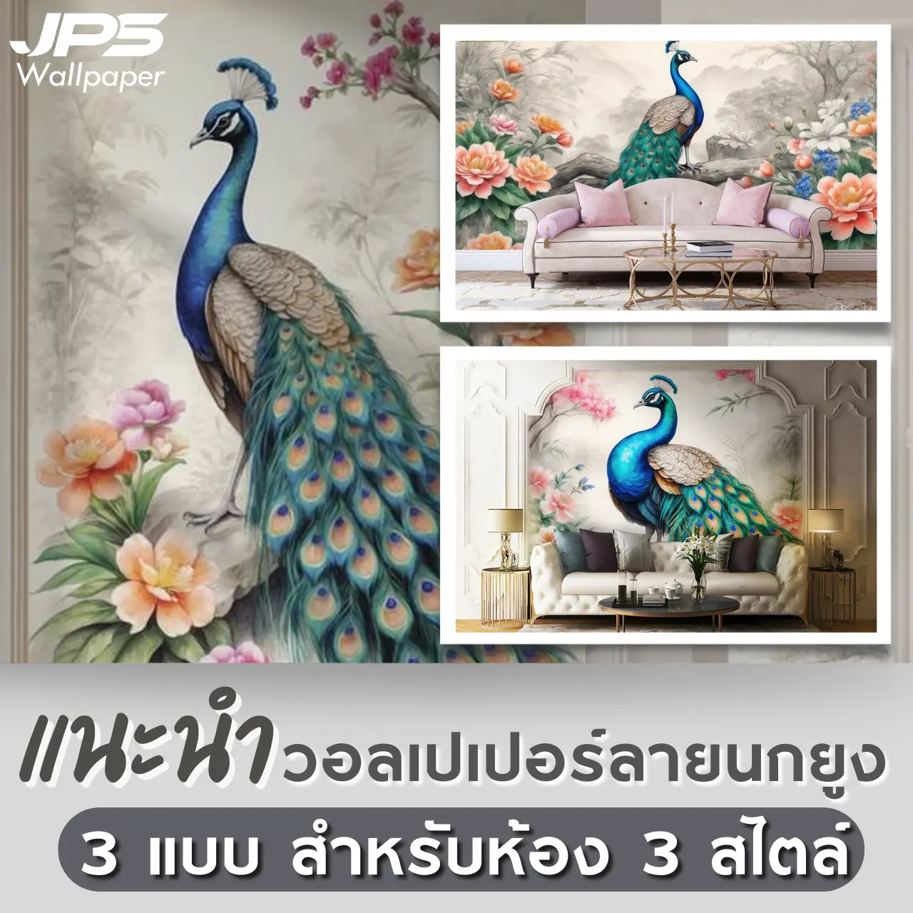 JPS wallpaper วอลเปเปอร์ลายนกยูง วอลเปเปอร์นกยูงติดผนัง